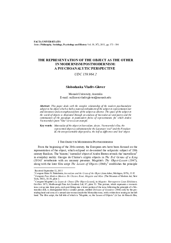 (PDF) The representation of the object as the other in modernism ...