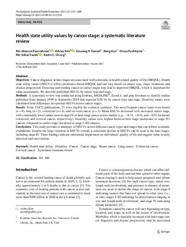 (PDF) Health state utility values by cancer stage: a systematic ...