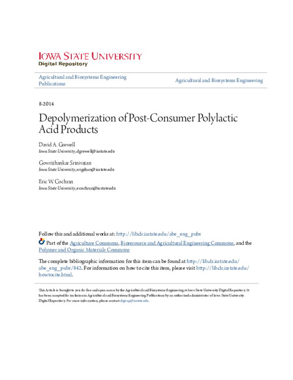 (PDF) Depolymerization of Post-Consumer Polylactic Acid Products