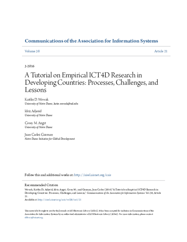 (PDF) A Tutorial on Empirical ICT4D Research in Developing Countries: Processes, Challenges, and ...
