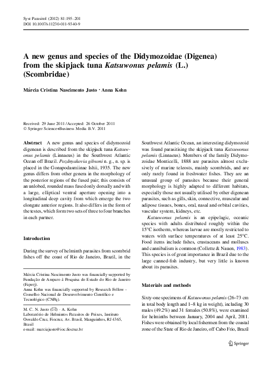 A new genus and species of the Didymozoidae (Digenea) from the skipjack ...
