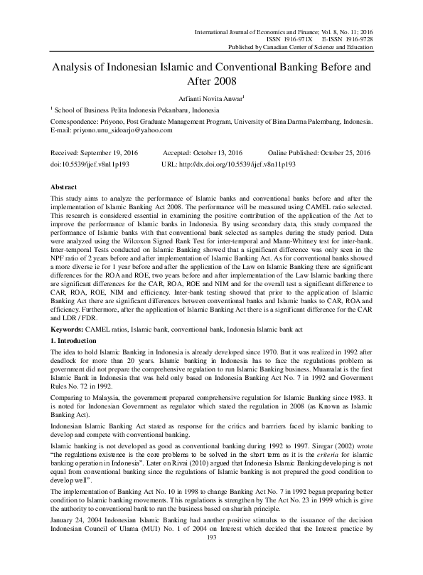 (PDF) Analysis of Indonesian Islamic and Conventional Banking Before and After 2008