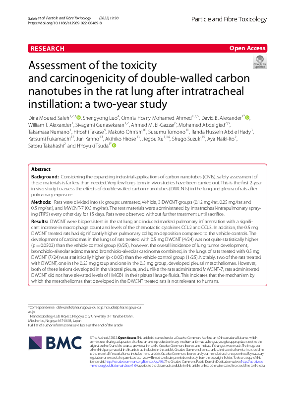 (PDF) Assessment of the toxicity and carcinogenicity of double-walled carbon nanotubes in the ...