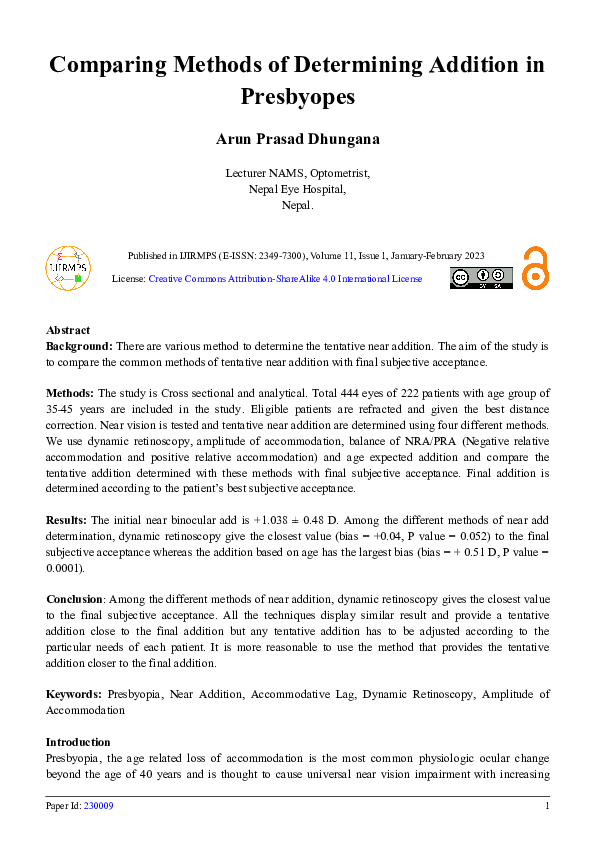 (PDF) Comparing Methods of Determining Addition in Presbyopes