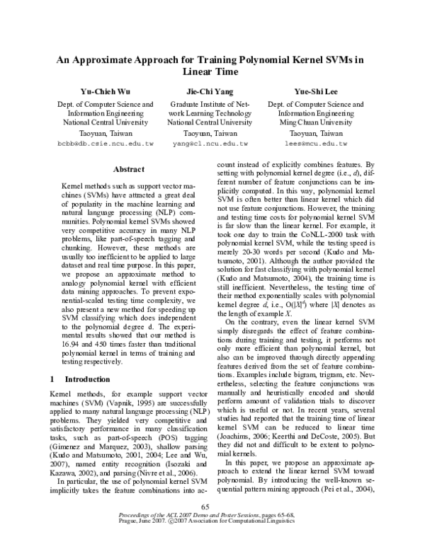 (PDF) An approximate approach for training polynomial kernel SVMs in linear time
