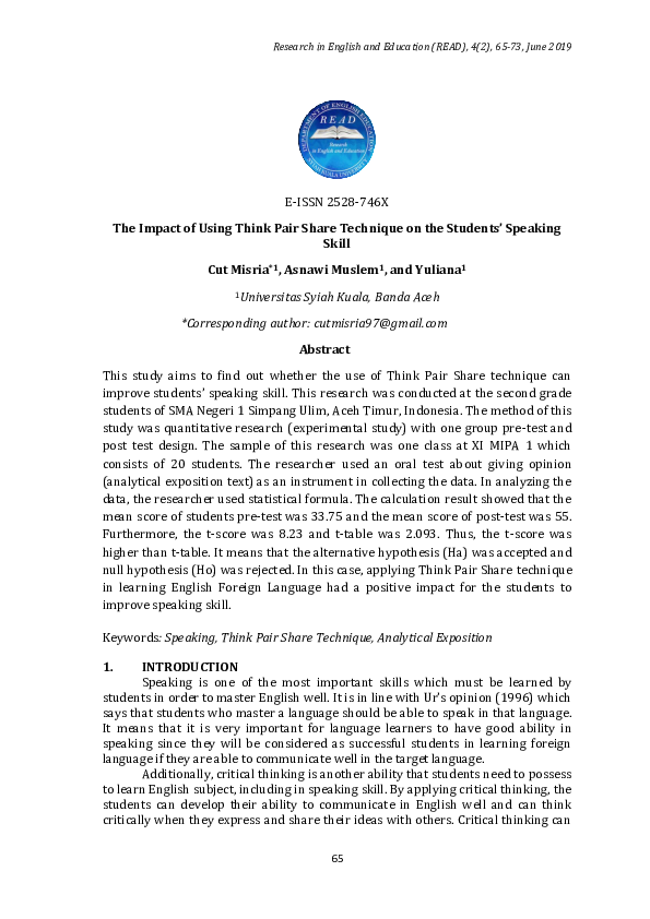 (PDF) The Impact of Using Think Pair Share Technique on the Students’ Speaking Skill