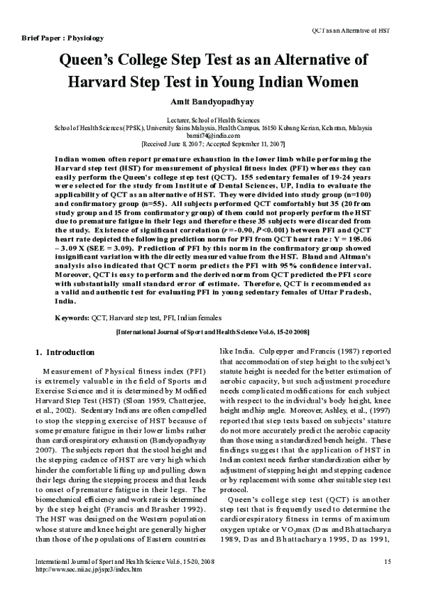 (PDF) Queen's College Step Test as an Alternative of Harvard Step Test ...