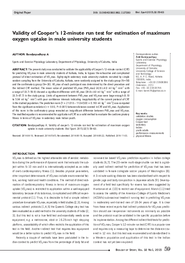 (PDF) Validity of Cooper's 12-minute run test for estimation of maximum ...