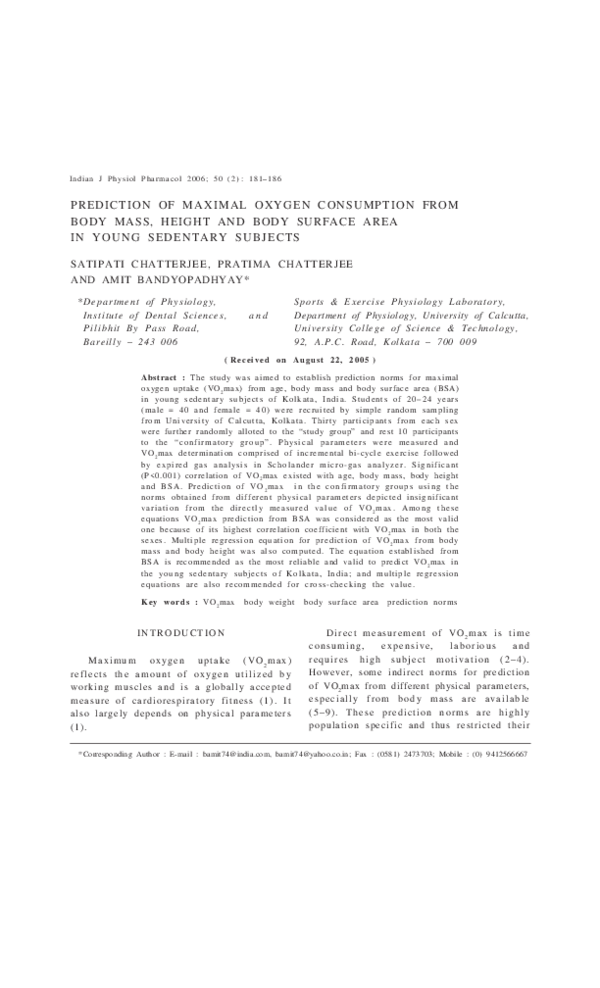 (PDF) Prediction of maximal oxygen consumption from body mass, height ...