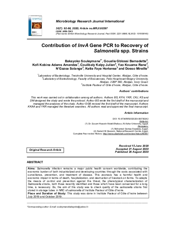 (PDF) Contribution of InvA Gene PCR to Recovery of Salmonella spp. Strains