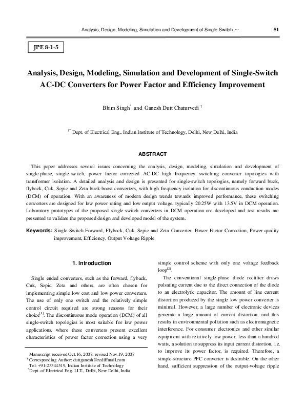 (PDF) JPE 8-1-5 Analysis , Design , Modeling , Simulation and Development of Single-Switch ACDC ...