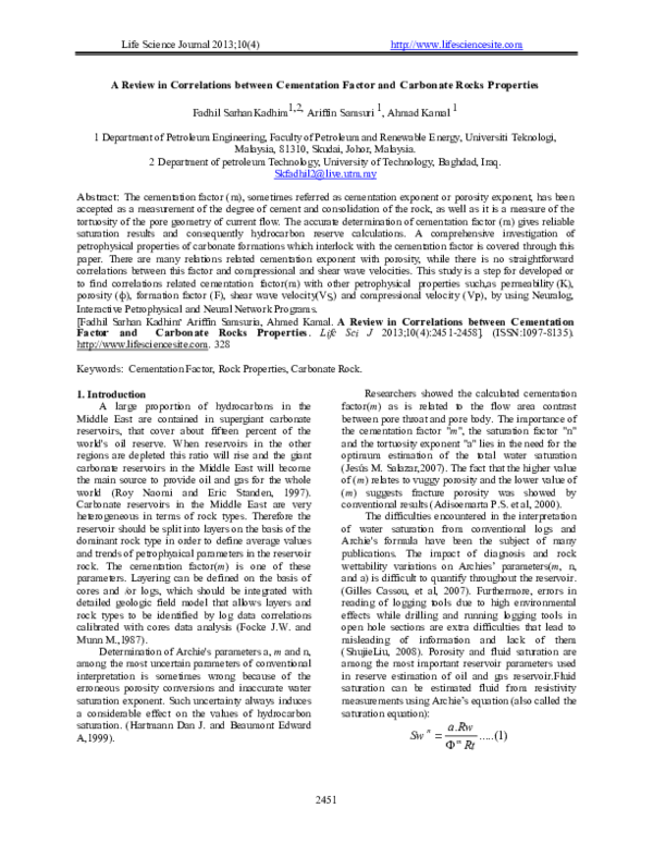 Pdf A Review In Correlations Between Cementation Factor And Carbonate Rocks Properties