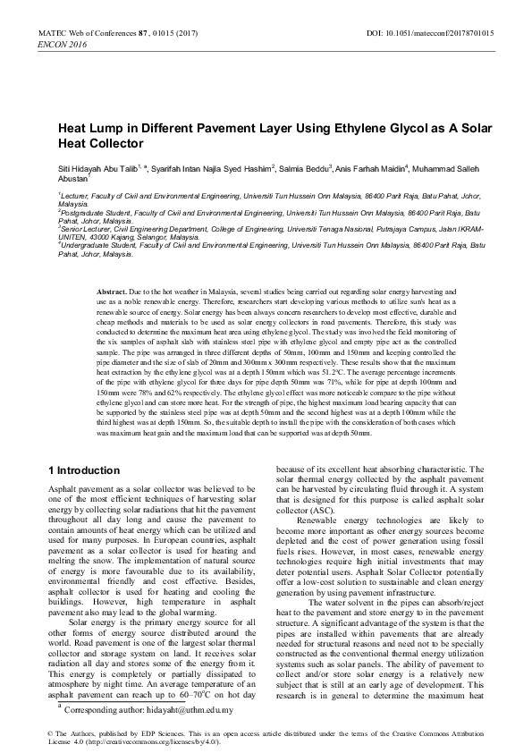 (PDF) Heat Lump in Different Pavement Layer Using Ethylene Glycol as A ...
