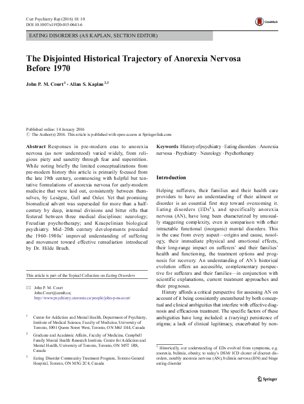 (PDF) The Disjointed Historical Trajectory of Anorexia Nervosa Before 1970