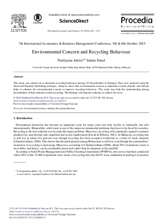 (PDF) Environmental Concern and Recycling Behaviour