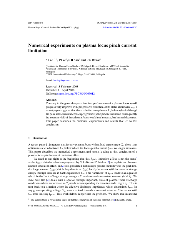 (PDF) Numerical experiments on plasma focus pinch current limitation