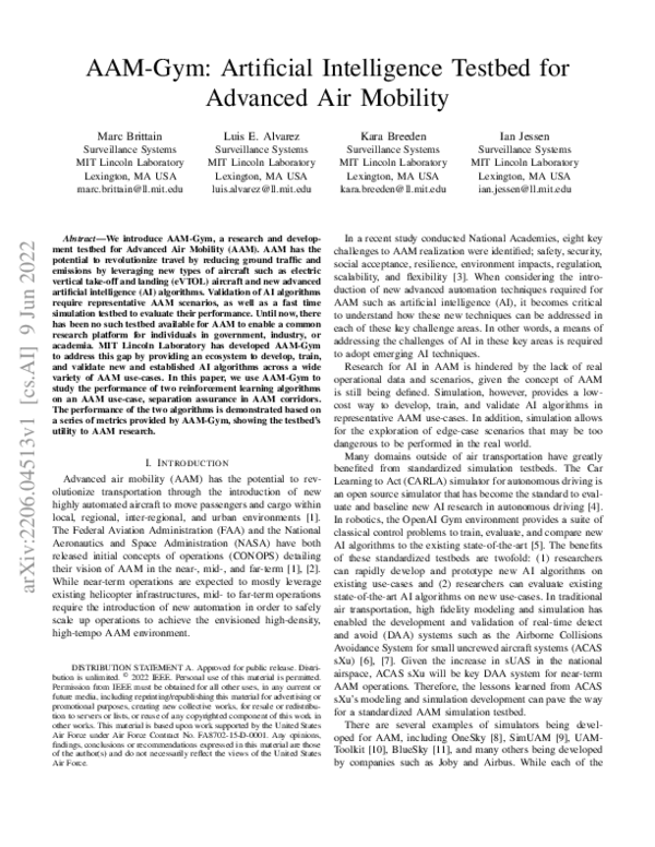 (PDF) AAM-Gym: Artificial Intelligence Testbed for Advanced Air Mobility