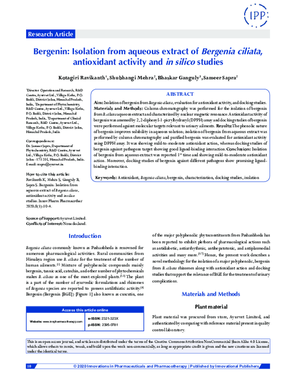 (PDF) Bergenin: Isolation from aqueous extract of Bergenia ciliata ...