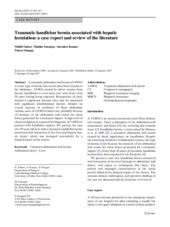 (PDF) Traumatic handlebar hernia associated with hepatic herniation: a ...
