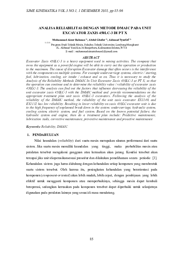 (PDF) Analisa Reliabilitas Dengan Metode Dmaic Pada Unit Excavator ...