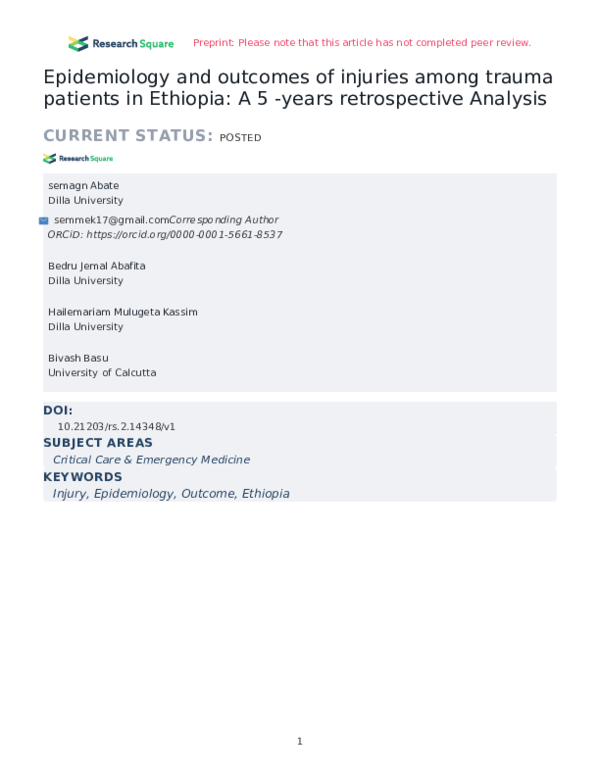 (PDF) Epidemiology and outcomes of injuries among trauma patients in Ethiopia: A 5 -years ...