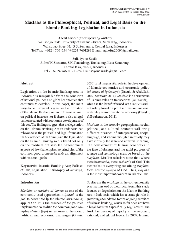 (PDF) Maslaha as the Philosophical, Political, and Legal Basis on the Islamic Banking ...