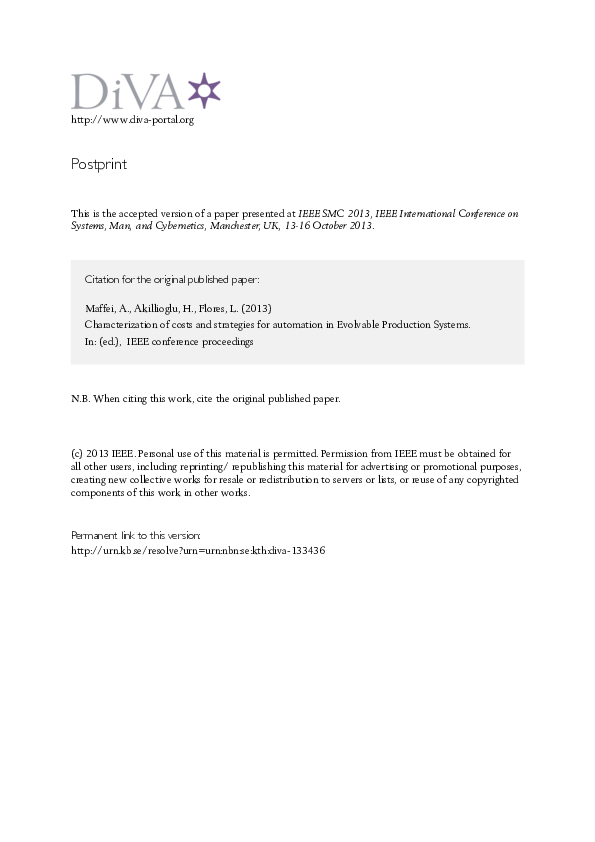 (PDF) Characterization of Costs and Strategies for Automation in Evolvable Production Systems