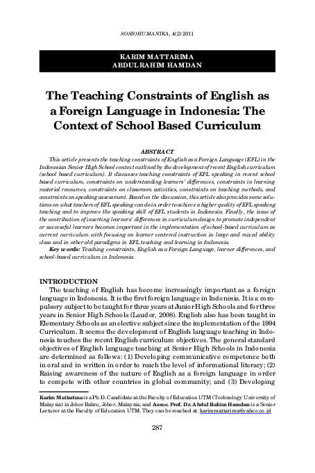 (PDF) The Teaching Constraints of English as a Foreign Language in Indonesia: The Context of ...