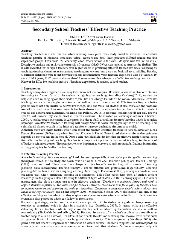 (PDF) Secondary School Teachers’ Effective Teaching Practice