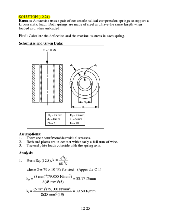 (PDF) 2-25 SOLUTION (12.21) Known: A machine uses a pair of concentric helical compression ...