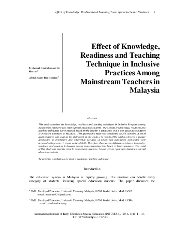 (PDF) Effect of Knowledge, Readiness and Teaching Technique in Inclusive Practices Among ...