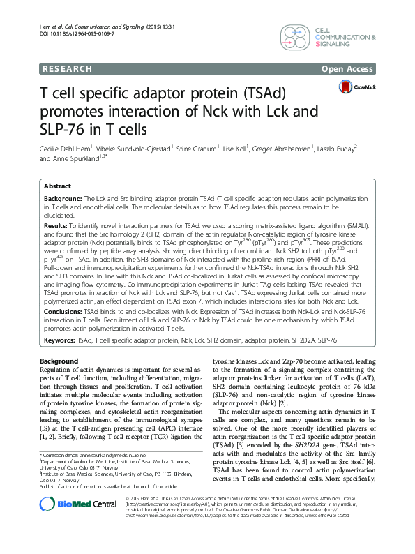 (PDF) T cell specific adaptor protein (TSAd) promotes interaction of ...