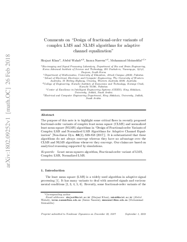 Pdf Design Of Fractional Order Variants Of Complex Lms And Nlms Algorithms For Adaptive