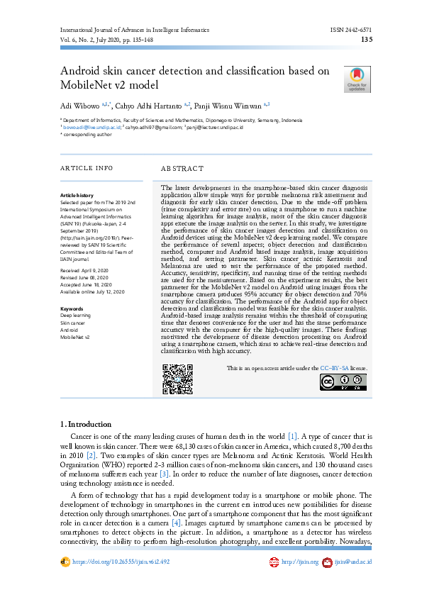 (PDF) Android skin cancer detection and classification based on MobileNet v2 model