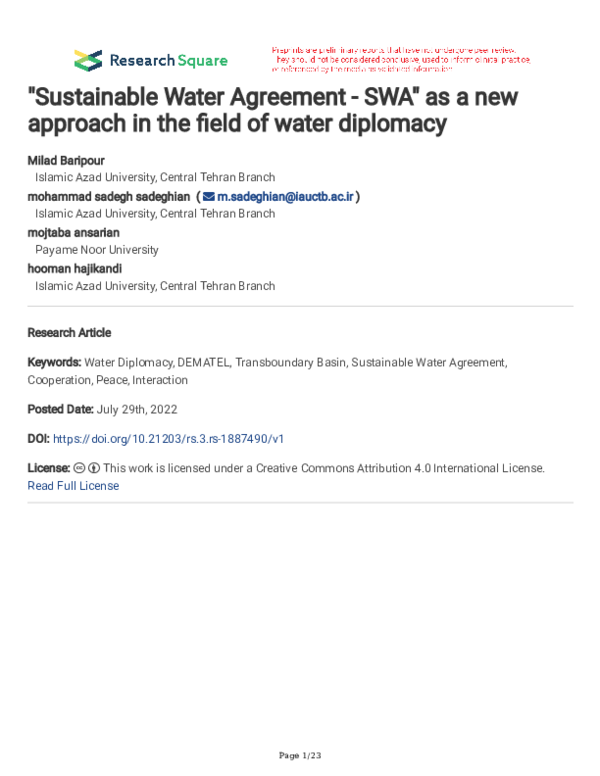 (PDF) Sustainable Water Agreement - SWA" as a new approach in the field ...