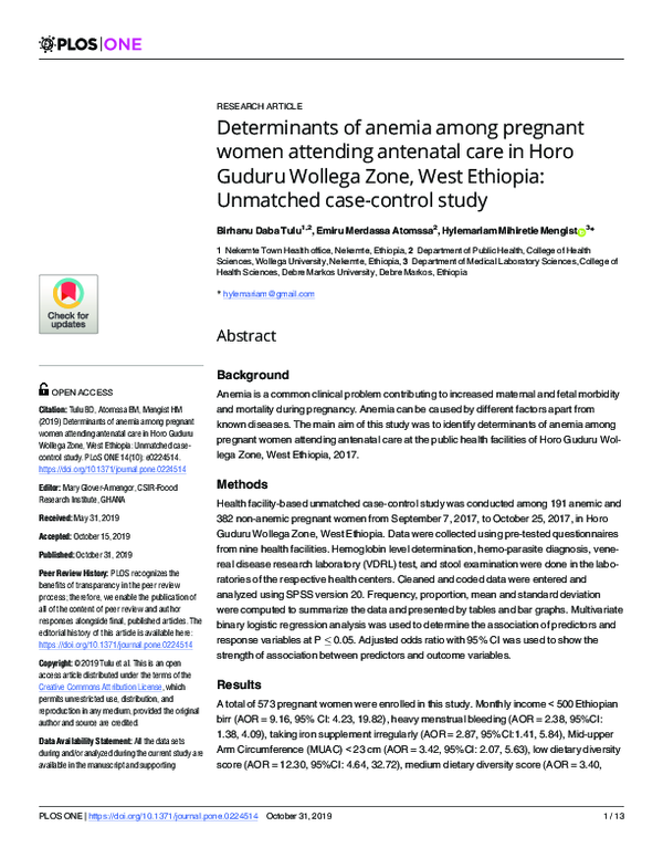 (PDF) Determinants of anemia among pregnant women attending antenatal care in Horo Guduru ...