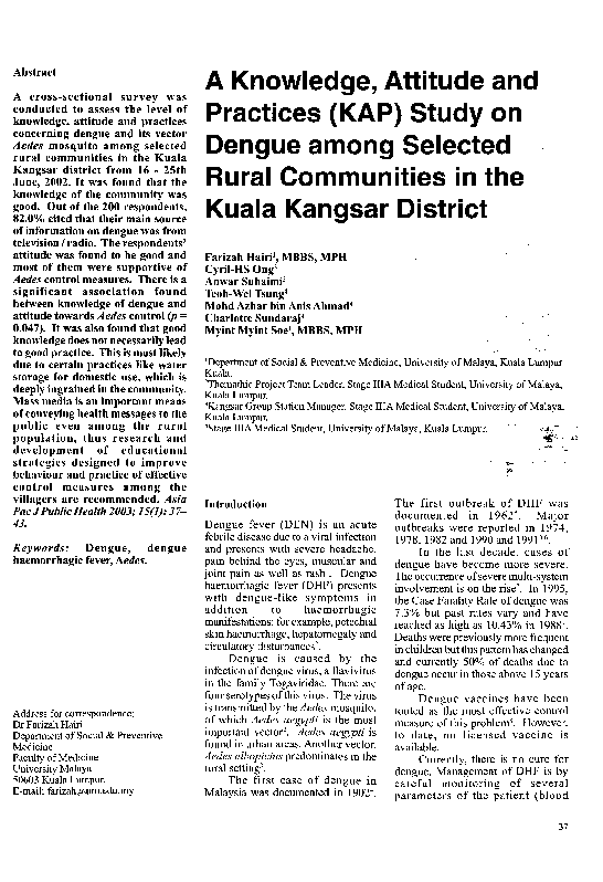 (PDF) A Knowledge, Attitude and Practices (KAP) Study on Dengue among Selected Rural Communities ...