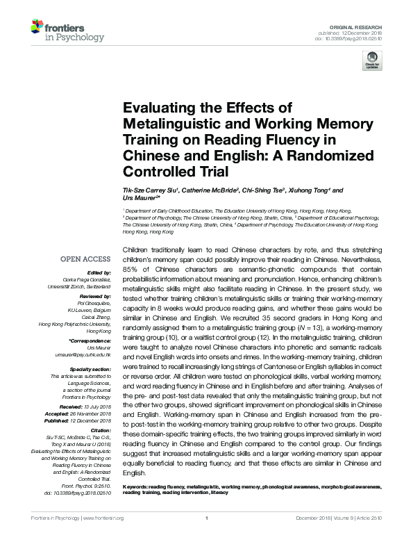 (PDF) Evaluating the Effects of Metalinguistic and Working Memory Training on Reading Fluency in ...