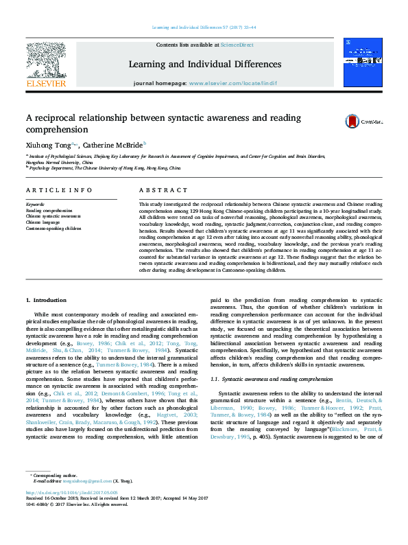 (PDF) A reciprocal relationship between syntactic awareness and reading comprehension
