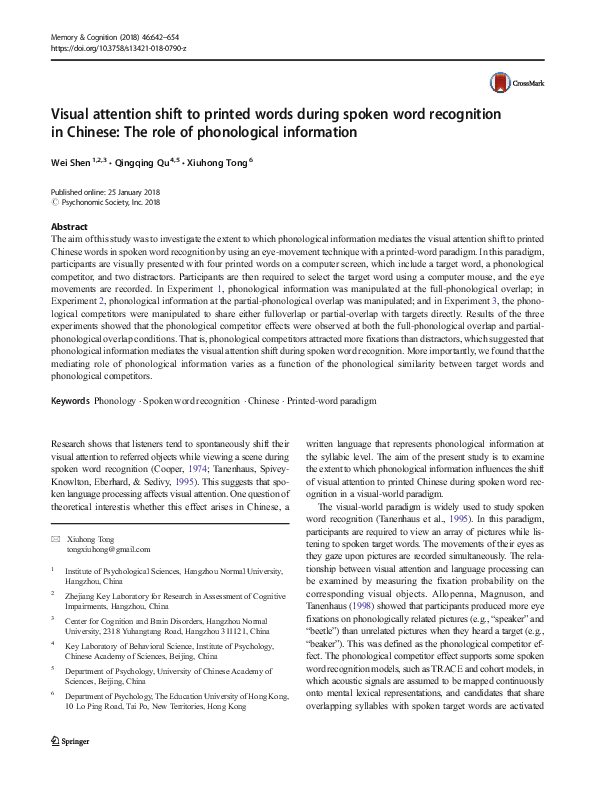 Pdf Visual Attention Shift To Printed Words During Spoken Word Recognition In Chinese The