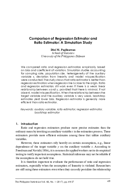 Pdf Comparison Of Regression Estimator And Ratio Estimator A