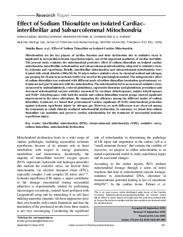 (PDF) Effect of Sodium Thiosulfate on Isolated Cardiac Interfibrillar ...