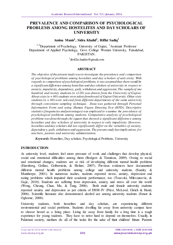 (PDF) Prevalence and Comparison of Psychological Problems Among ... (PDF) Prevalence and Comparison of Psychological Problems Among ...