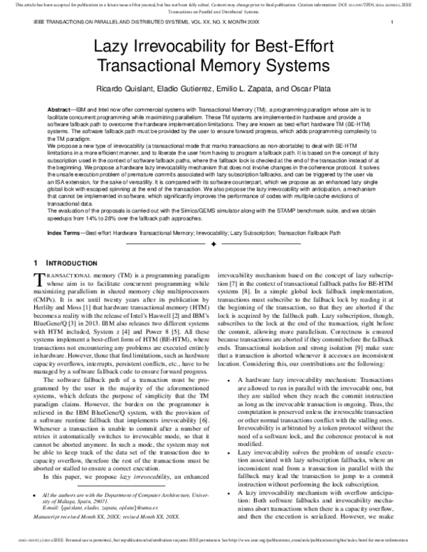 (PDF) Lazy Irrevocability for Best-Effort Transactional Memory Systems