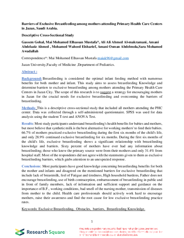 (PDF) Barriers of Exclusive Breastfeeding Among Mothers Attending ...