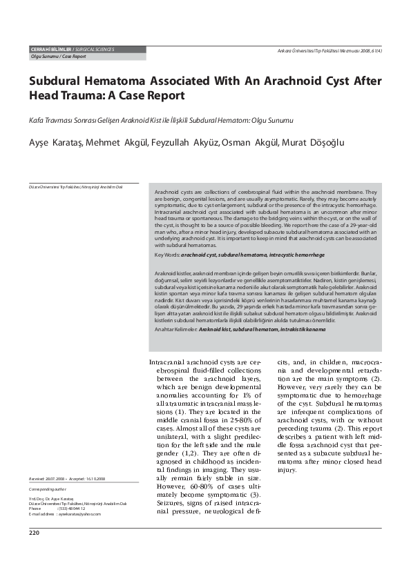 (PDF) Subdural Hematoma Associated With An Arachnoid Cyst After Head ...