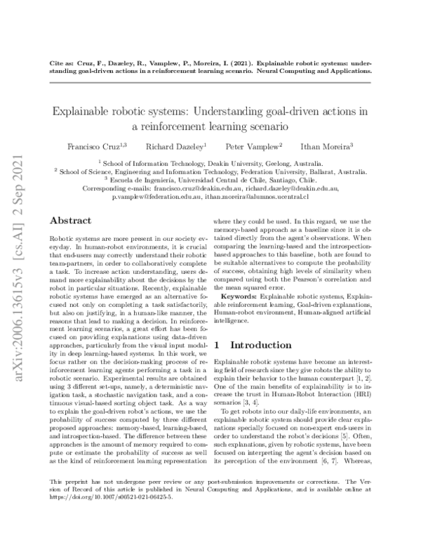 (PDF) Explainable robotic systems: understanding goal-driven actions in a reinforcement learning ...