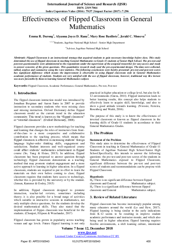 (PDF) Effectiveness of Flipped Classroom in General Mathematics
