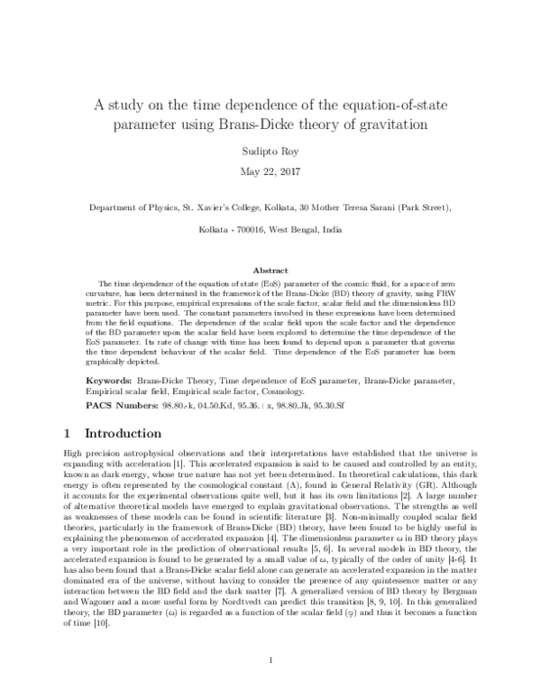 Pdf A Model Of Time Dependent Equation Of State Parameter In The Framework Of Brans Dicke Theory