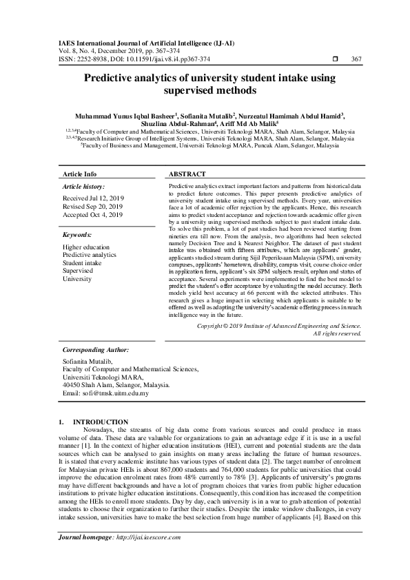 (PDF) Predictive analytics of university student intake using supervised methods